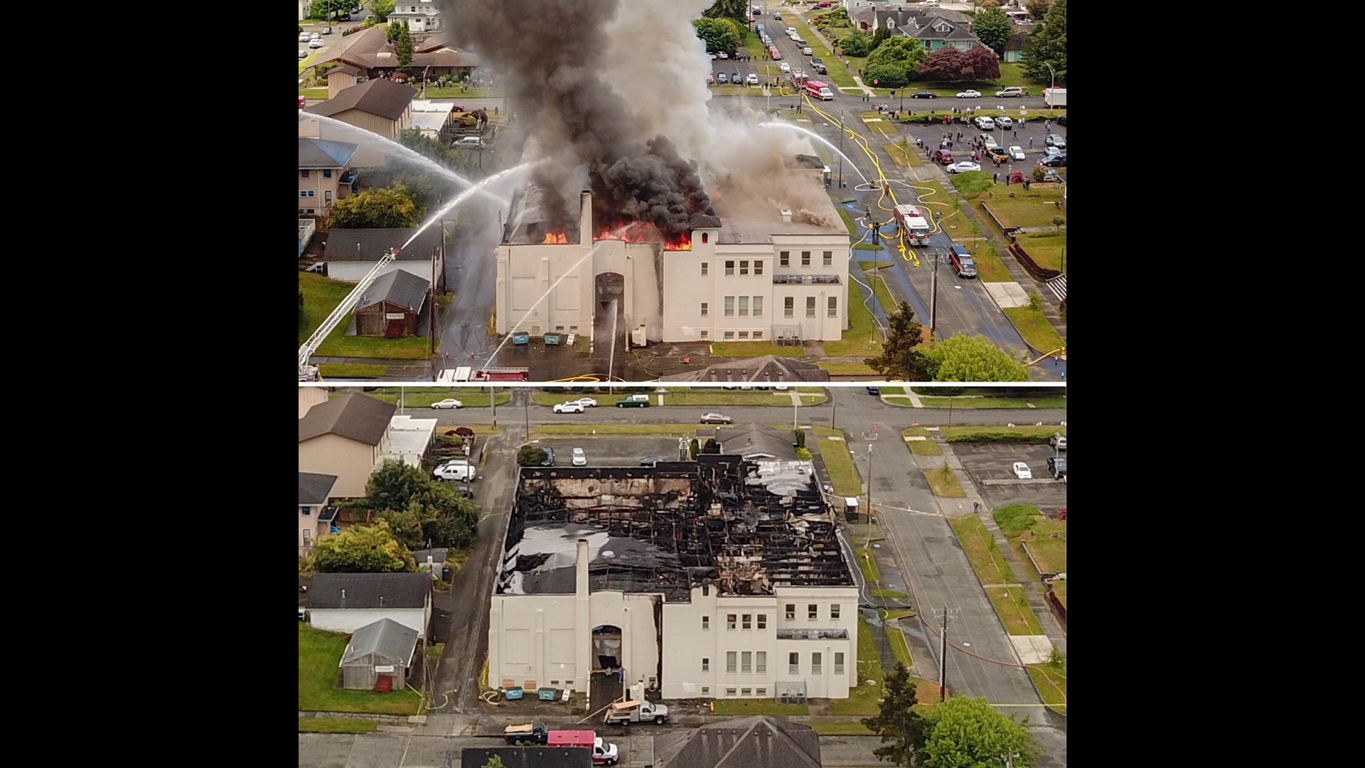 Drone video captures devastating fire at Aberdeen Armory Building ...