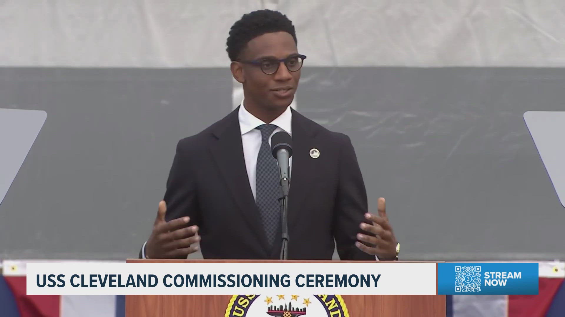 Cleveland Mayor Justin Bibb speaks at USS Cleveland commissioning ...