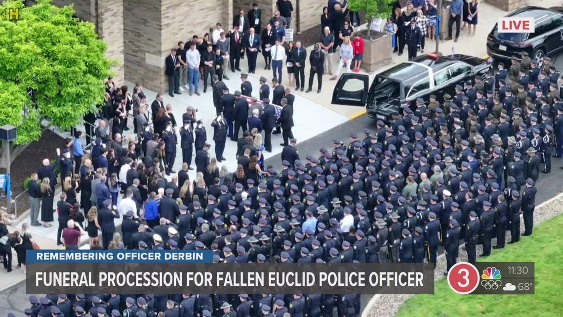 Funeral procession for Euclid police officer Jacob Derbin arrives at St ...