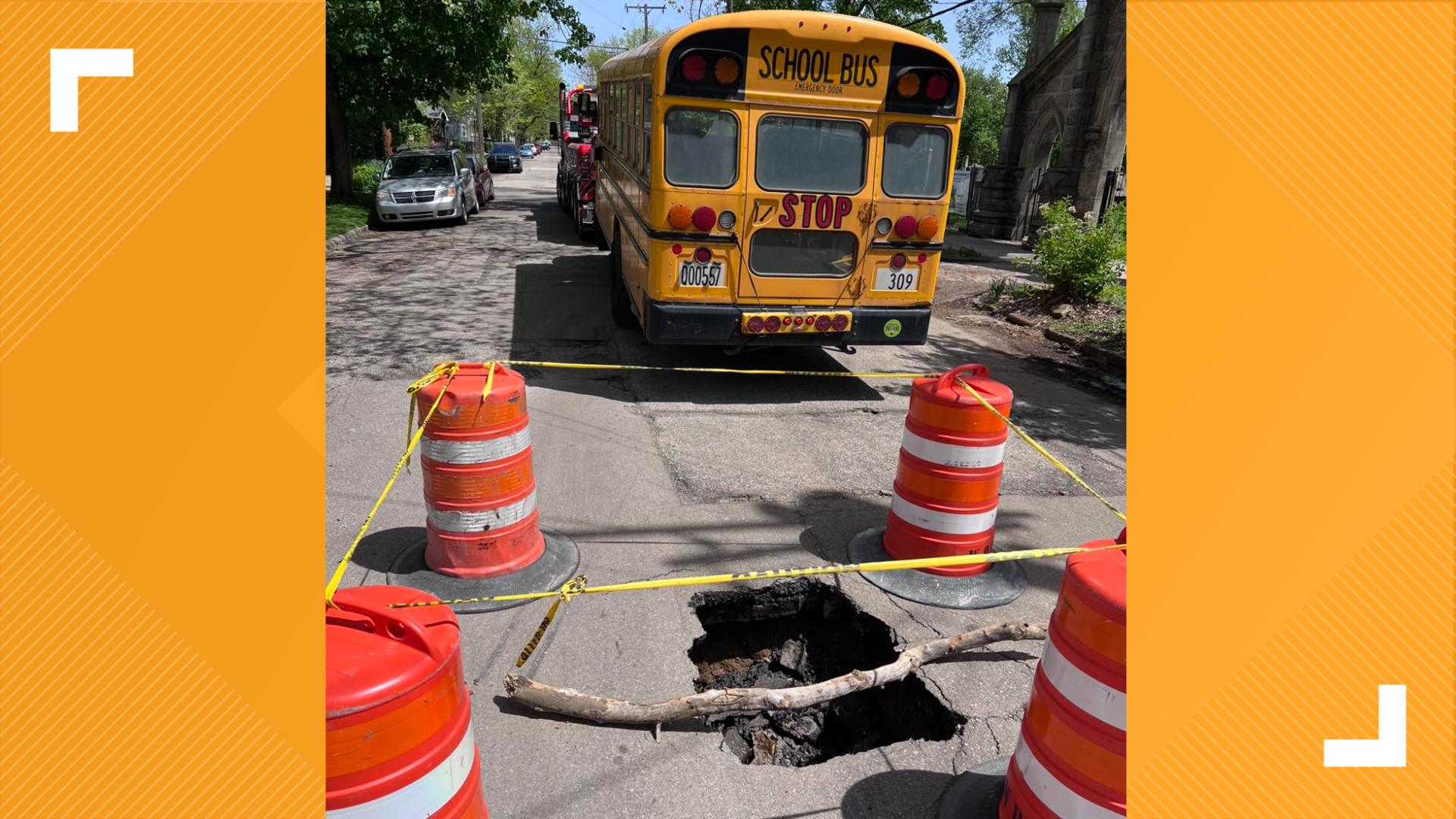 No injuries after Cleveland school bus gets stuck in sinkhole | wkyc.com