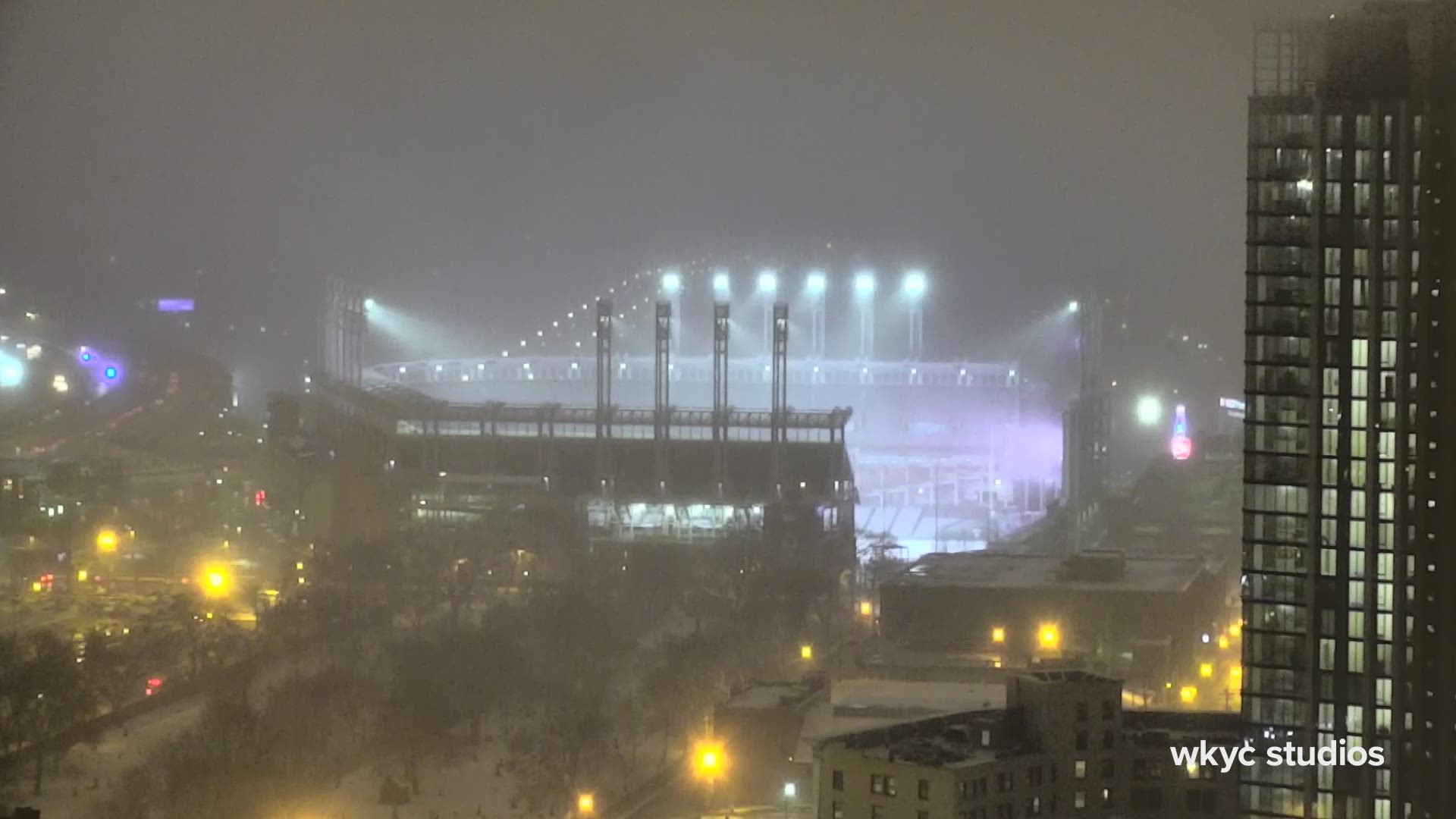 Progressive Field turns on the lights for the snow on February 26, 2020 ...
