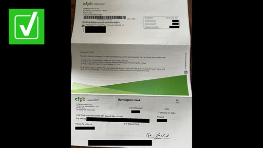 Check from CFPB Performance SLC is a real check from a settlement ...