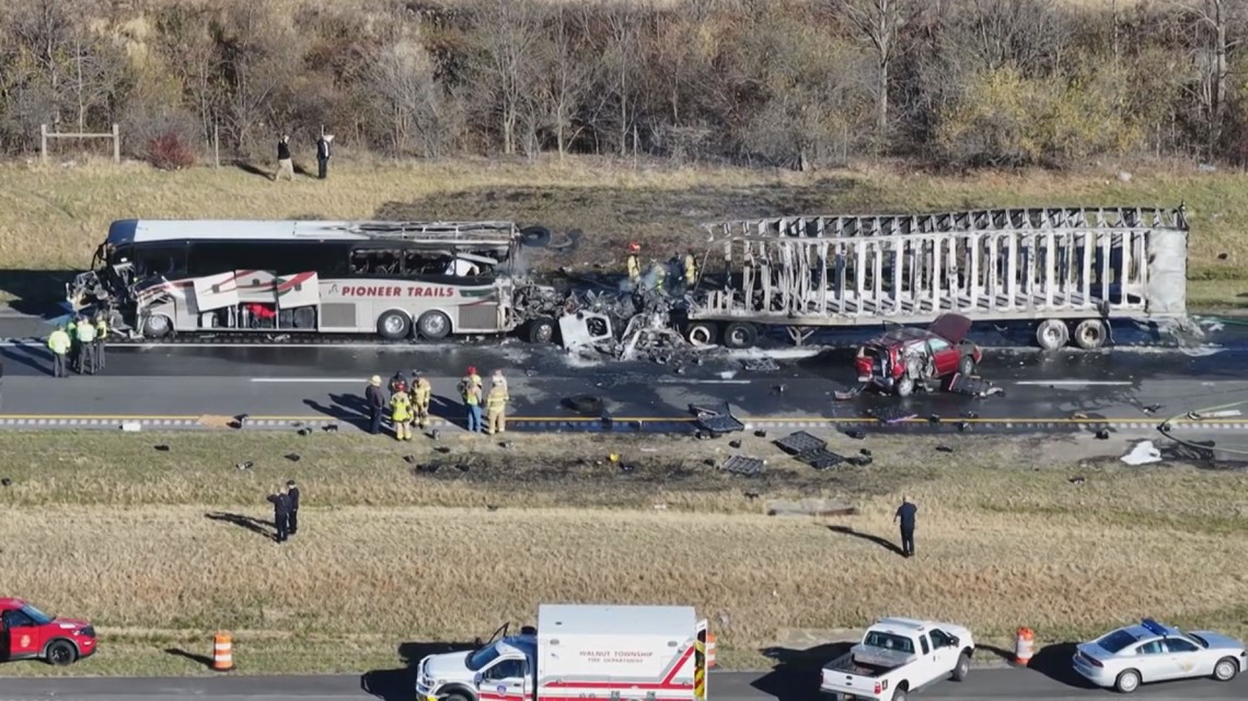 DRONE VIDEO | At least 3 killed when semi crashes into bus carrying ...
